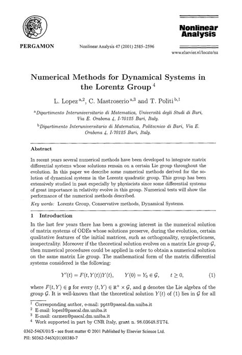 pdf numerical methods for dynamical systems in the lorentz group