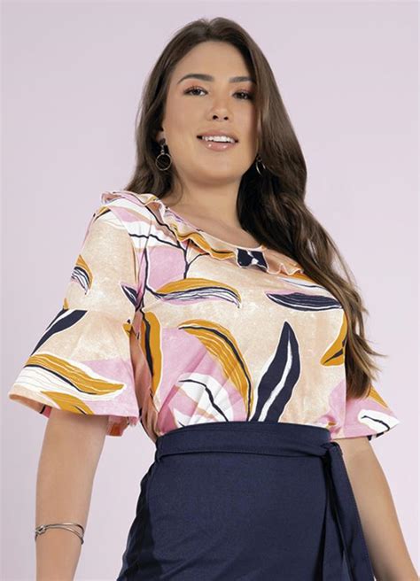Blusa Folhas Rosa Babado Moda Evang Lica Queima De Estoque