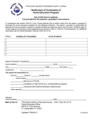 Fillable Online Broward K12 Fl Notice Of Termination Broward County
