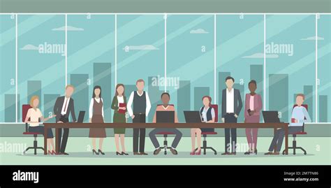 Office Workers Sitting At Large Table With Laptops Teamwork Vector