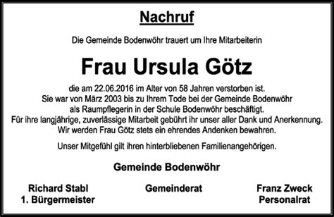 Traueranzeigen Von Nachruf Frau Ursula G Tz Mittelbayerische Trauer