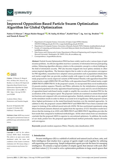 pdf improved opposition based particle swarm optimization algorithm for global optimization