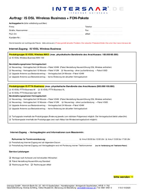 Ausfüllbar Online Auftrag IS DSL Wireless Business FON Pakete Fax