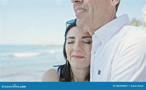 Senior Man And Woman Couple Smiling Confident Standing Together At Seaside Stock Image Image