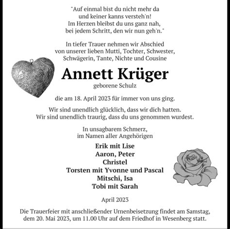 Traueranzeigen Von Annett Kr Ger Trauer Nordkurier