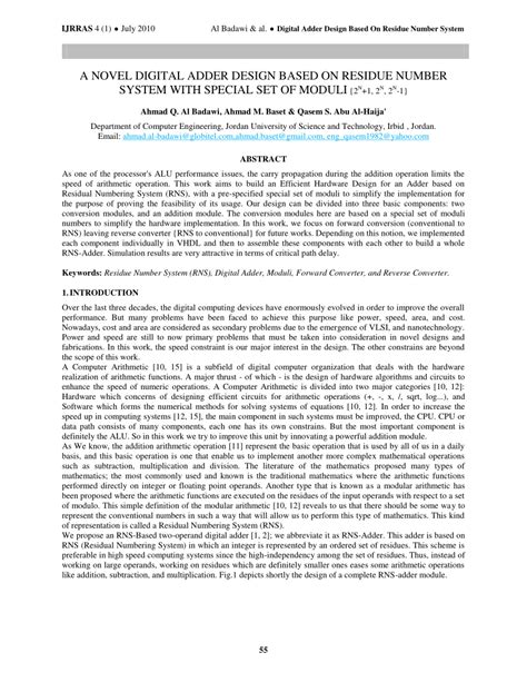 pdf a novel digital adder design based on residue number system with special set of moduli {2