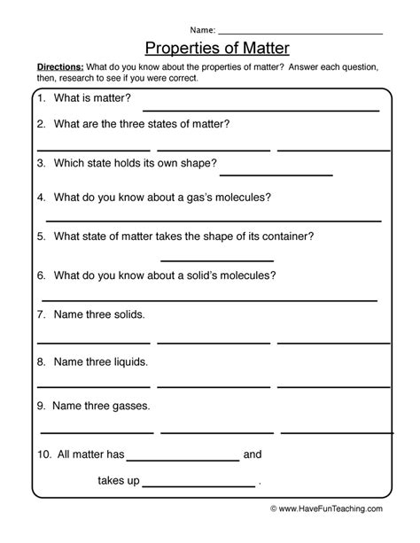 Matter Properties And Changes Worksheets