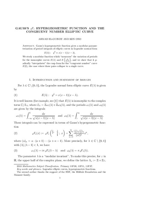pdf gauss s 2 f 1 hypergeometric function and the congruent number elliptic curve a el