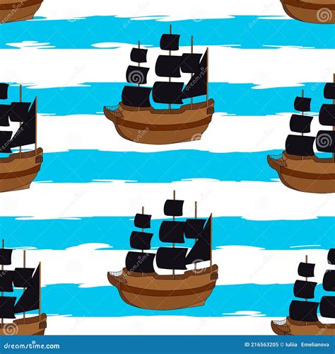 Striped Seamless Pattern With Horizontal Line And Pirate Ship Hand