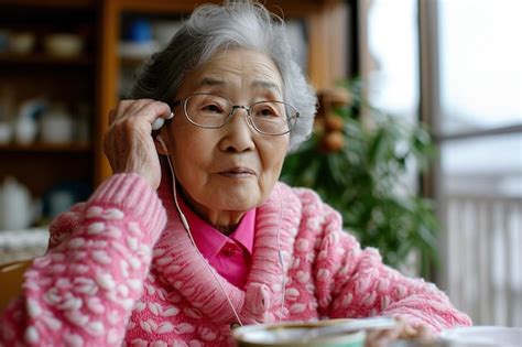 Une Femme Japonaise âgée Aux Cheveux Gris Avec Des Lunettes Et Un Pull