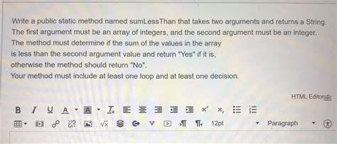 solved write a public static method named sumless than that