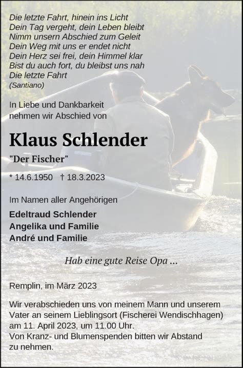 Traueranzeigen Von Klaus Schlender Trauer Nordkurier