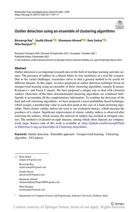 outlier detection using an ensemble of clustering algorithms request pdf