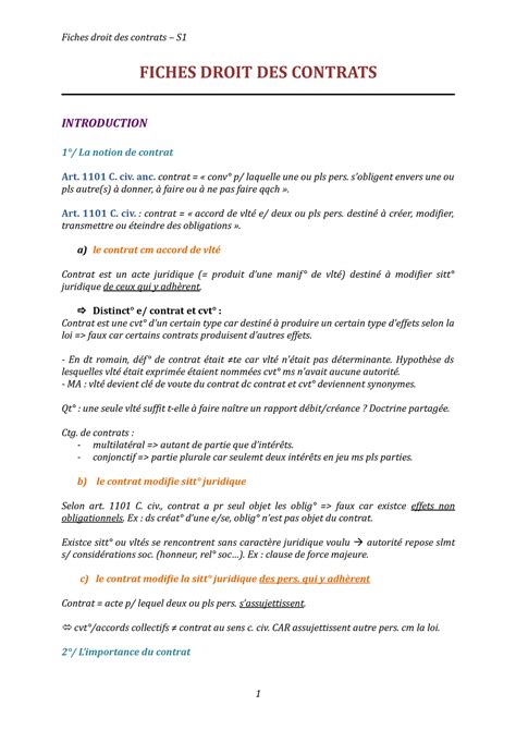 Fiches Droit Des Contrats 1101 C Civ Anc Contrat Laquelle Une Ou