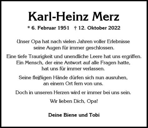 Traueranzeigen Von Karl Heinz Merz Vrm Trauer De