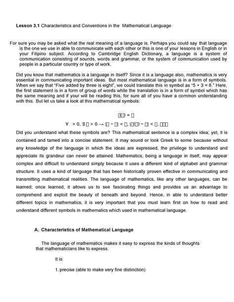 mmw lesson 3 lesson 3 characteristics and conventions in the mathematical language for sure