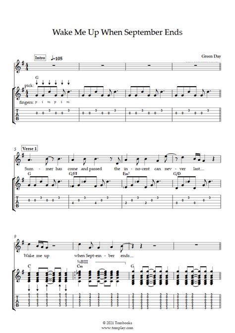 Partition Guitare Wake Me Up When September Ends Niveau Facile