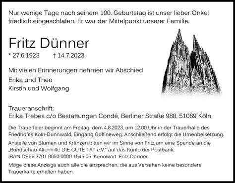 Traueranzeigen von Fritz Dünner WirTrauern