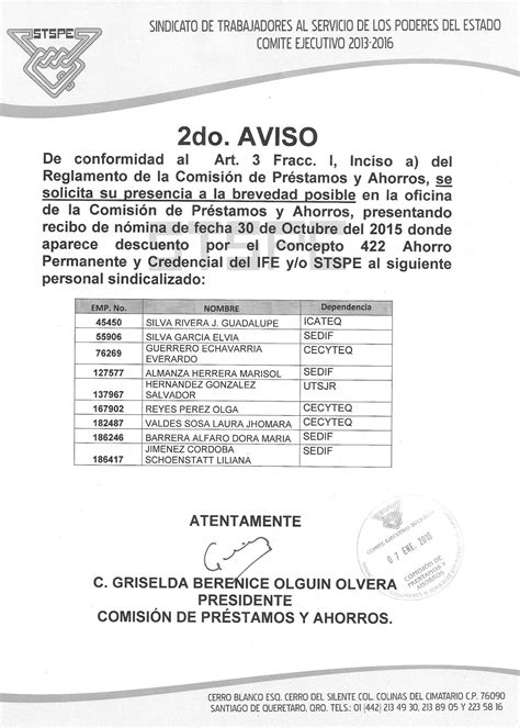 INFORMACIÓN DEL STSPE AVISO 2do COMISIÓN DE PRESTAMOS Y AHORROS 07 01