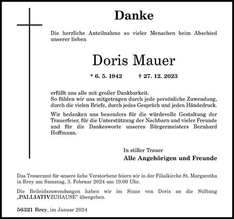 Traueranzeigen Von Doris Mauer Rz Trauer De