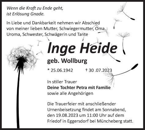 Traueranzeigen von Inge Heide Märkische Onlinezeitung Trauerportal