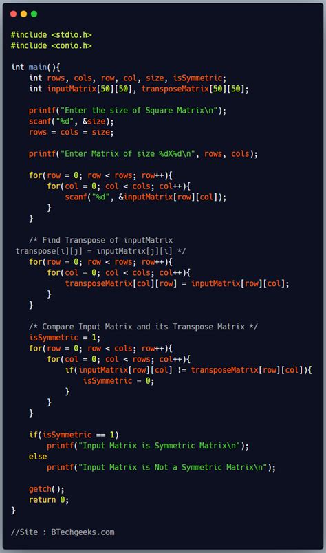 c program to check symmetric matrix btech geeks