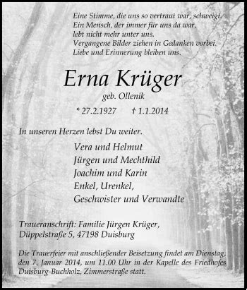 Traueranzeigen Von Erna Kr Ger Trauer In Nrw De