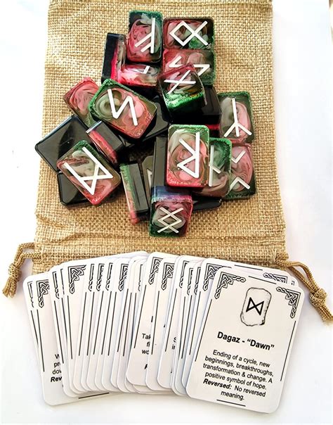 Fuchsia Green Inkwork Futhark Runes Set With Rune Meaning Deck And
