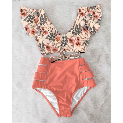 Bikini de cintura alta con volantes trajes de baño de las mujeres