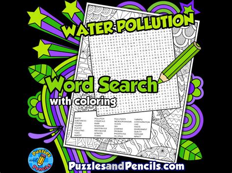 Water Pollution Word Search Puzzle With Colouring Environment