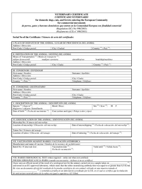 Completable En línea VETERINARY CERTIFICATE CERTIFICADO VETERINARIO