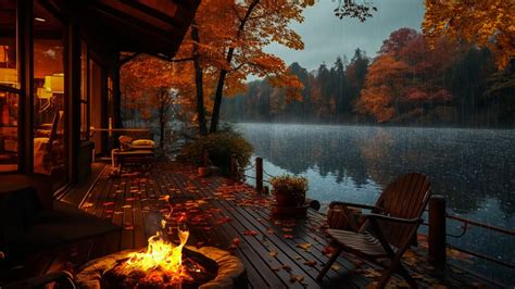 Lakeside Porch Ambience Autumn Rainy Morning And Bonfire Burning For
