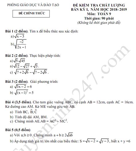 Đề thi giữa học kì 1 lớp 9 môn Toán 2018 2019 có đáp án Toán học
