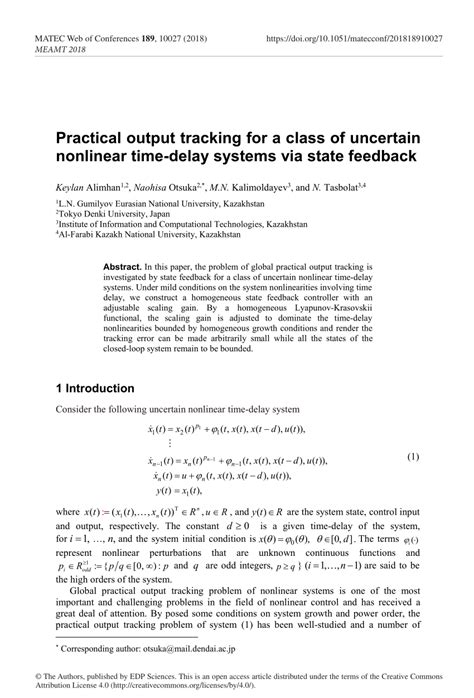 pdf practical output tracking for a class of uncertain nonlinear time delay systems via state