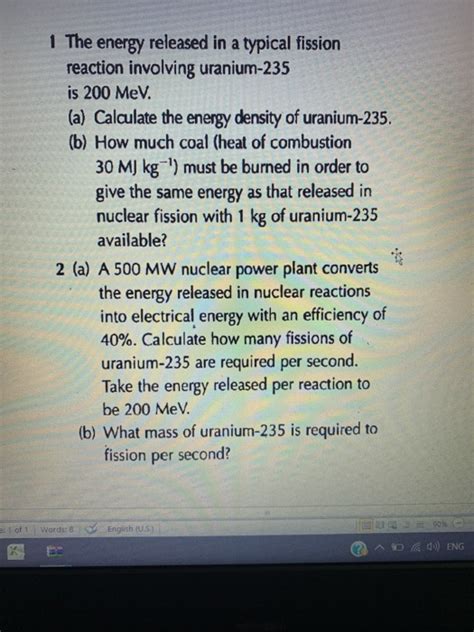 Solved 1 The Energy Released In A Typical Fission Reaction Chegg