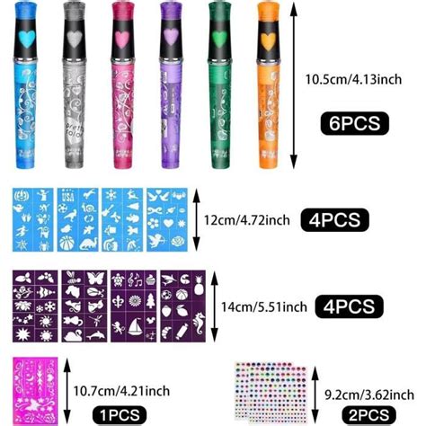 6 Stylo Tatouage Temporaire Enfant Kit Tatouage Paillettes Avec 8
