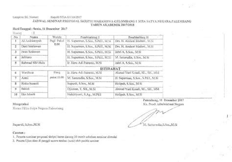 Jadwal Seminar Proposal Skripsi STIA SATYA NEGARA