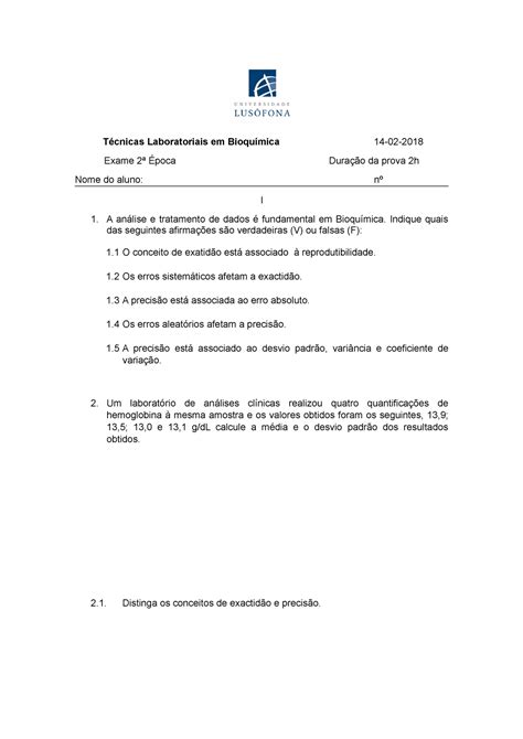 Exame tecnicas Técnicas Laboratoriais em Bioquímica 14 02 Exame 2ª