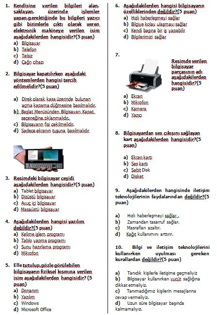 5 sınıf bilişim teknolojileri 1 dönem 2 yazılı soru ve cevapları 2016