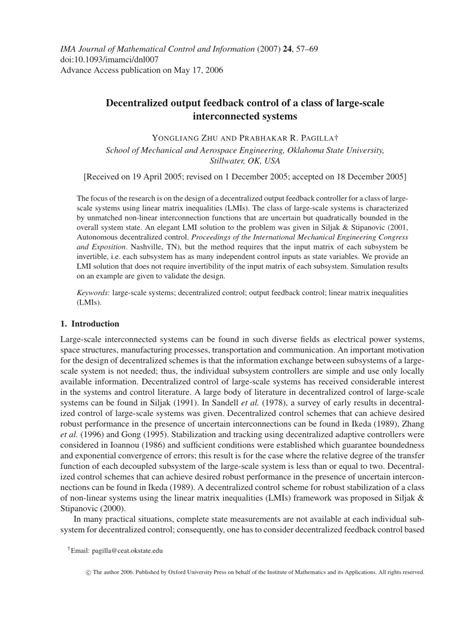 pdf decentralized output feedback control of a class of large scale interconnected systems