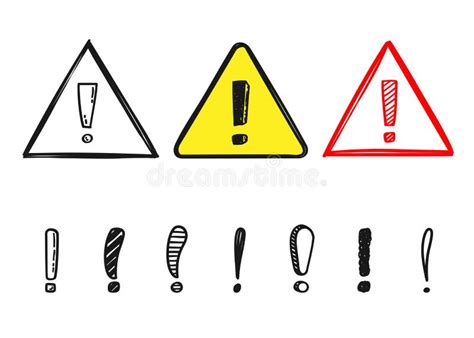 Set Of Warning Hand Drawn Signs With Exclamation Mark Doodle Style