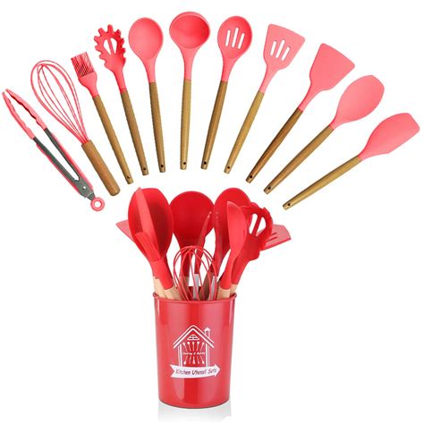 Kit 12 Peças Utensílios Cozinha Em Silicone Maciço E Cabos De Madeira