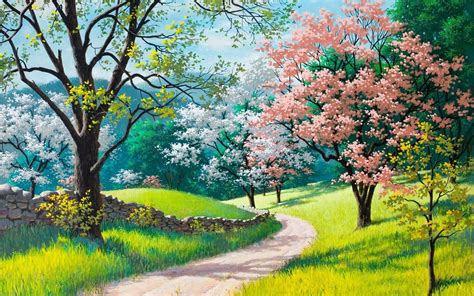 Fondos de pantalla Obra de arte Árboles camino 1932x1208