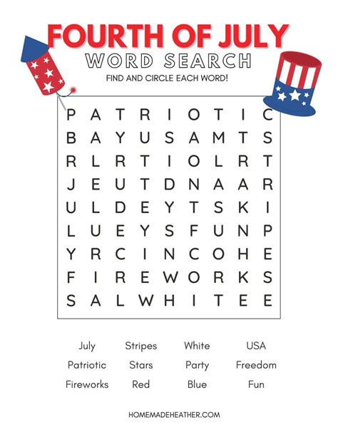 The Fourth Of July Word Search Is Shown In Red White And Blue With An