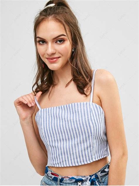35 OFF 2021 ZAFUL Smocked Striped Cropped Cami Top In LIGHT BLUE ZAFUL