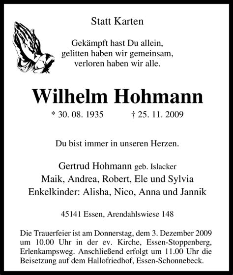Traueranzeigen Von Wilhelm Hohmann Trauer In Nrw De