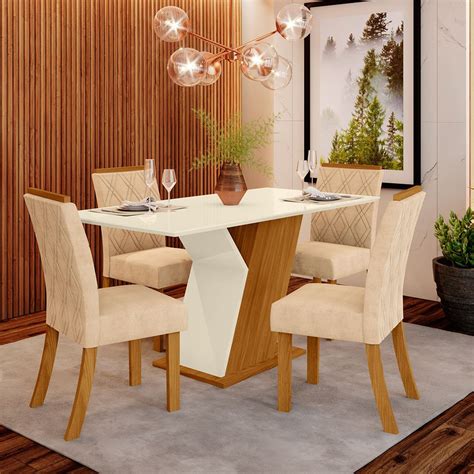 Conjunto Sala De Jantar Mesa 120cm Tampo MDF 4 Cadeiras Lupita Casa 812