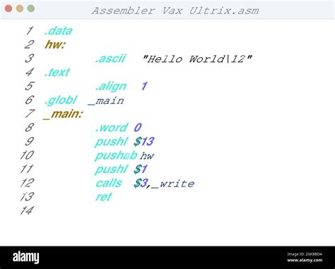 assembler vax ultrix language hello world program sample in editor window illustration stock