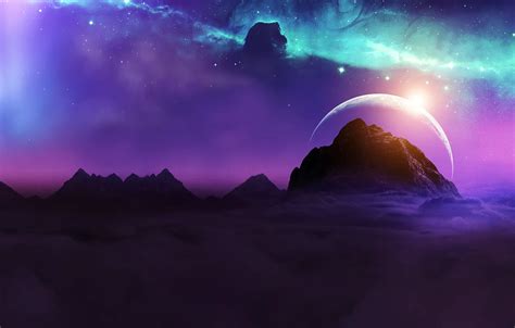 Wallpaper Space Universe Moon Sky Nebula Mountains Stars Night