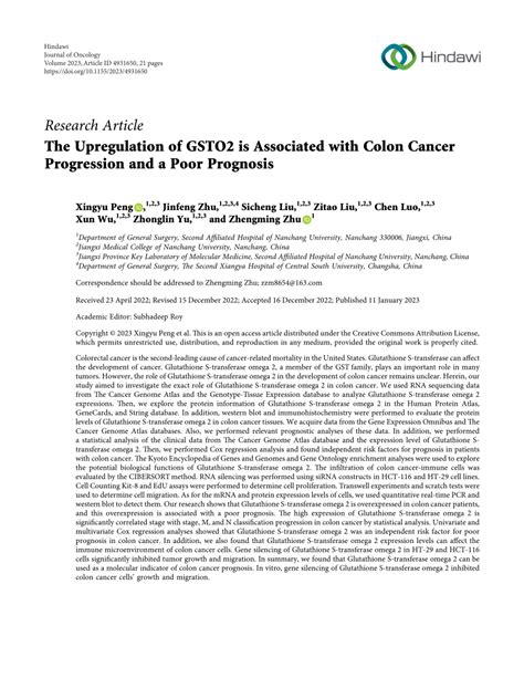 PDF The Upregulation Of GSTO2 Is Associated With Colon Cancer